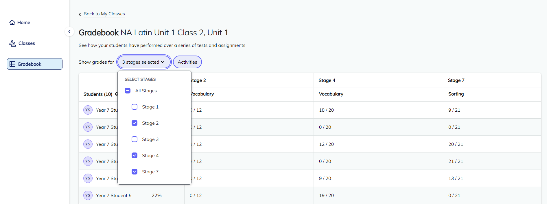 How do I access and view the gradebook in the language activities ...