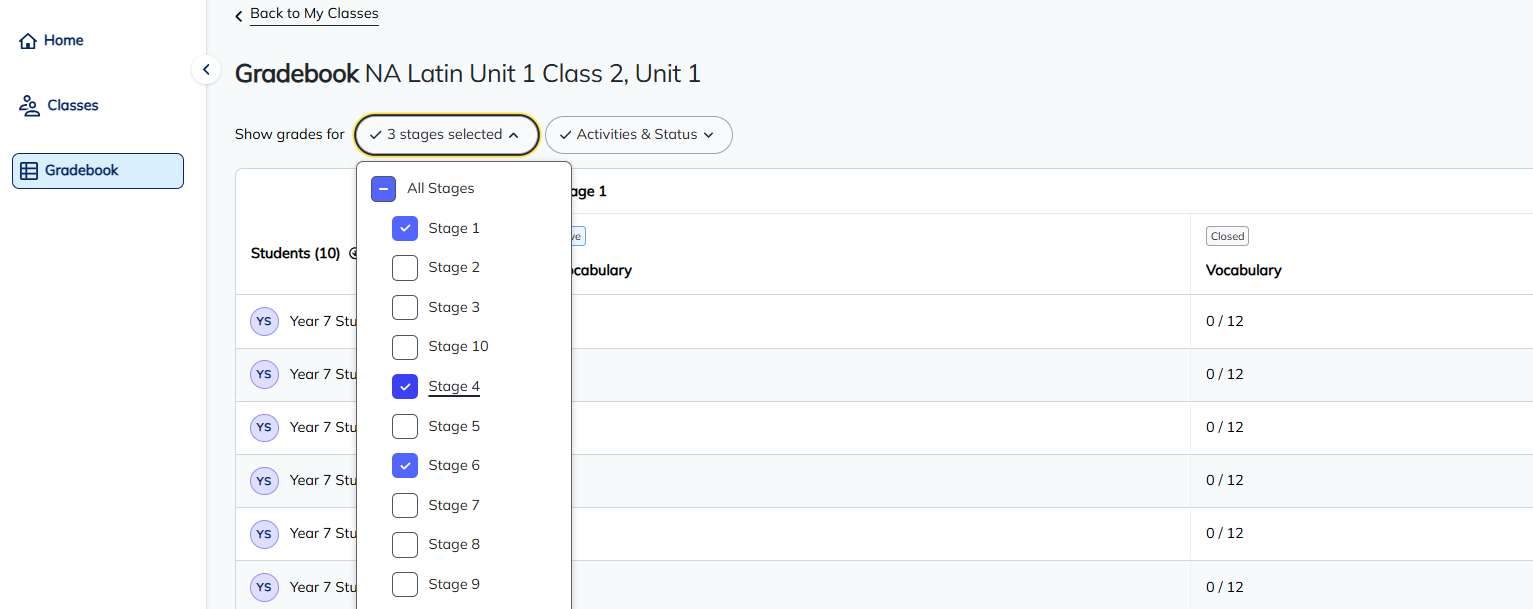 How do I access and view the gradebook in the language activities ...
